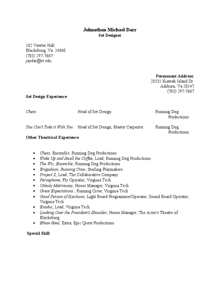 Johnathan Darr: Set Designer Resume | PDF