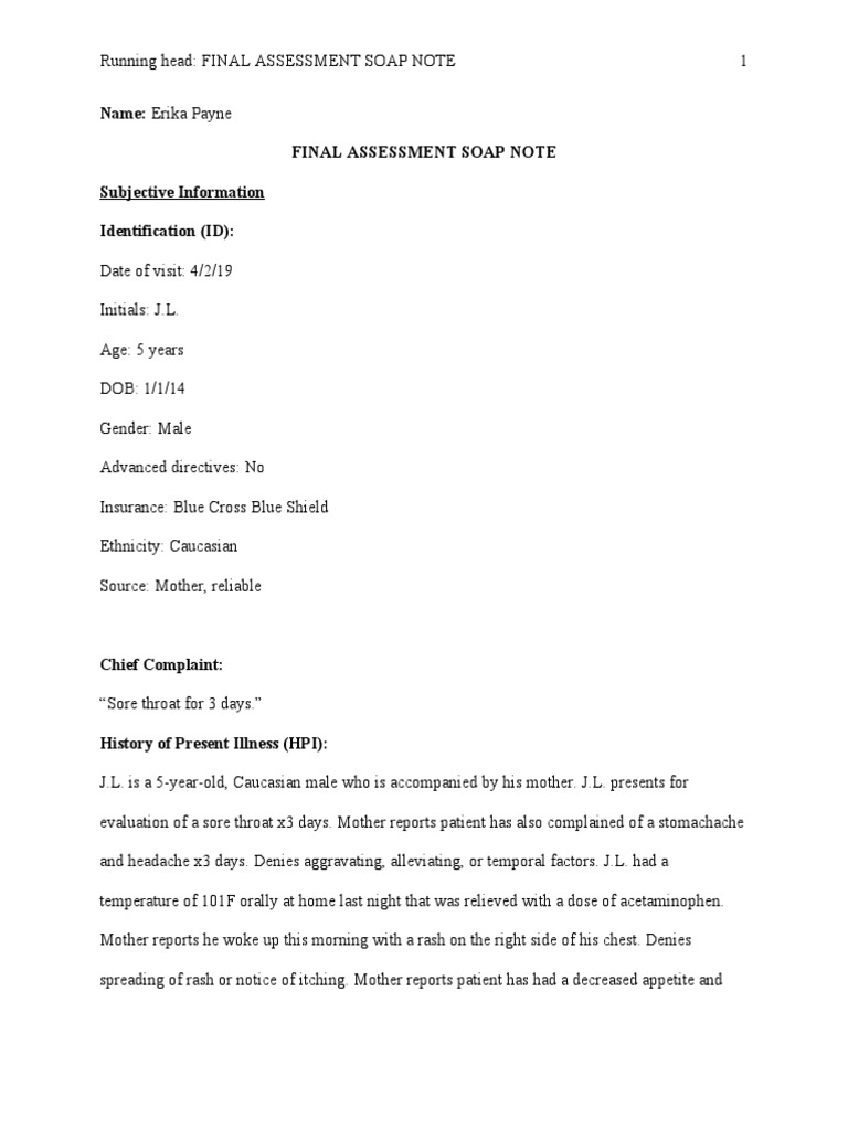 Final Assessment Soap Note | PDF | Medical Specialties | Clinical Medicine