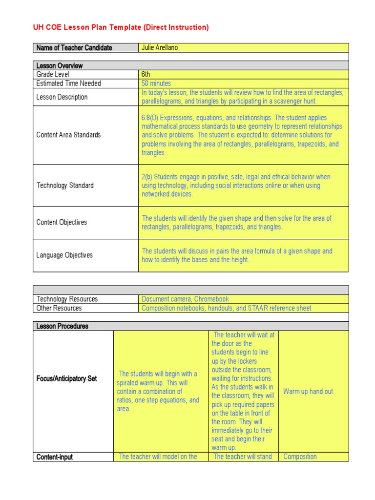 UH COE Lesson Plan Template (Direct Instruction) | PDF | Area | Lesson Plan
