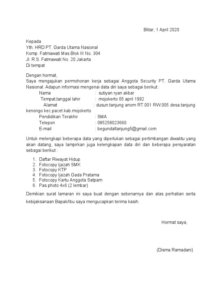 Surat Lamaran Kerja Security PT Garda Utama | PDF