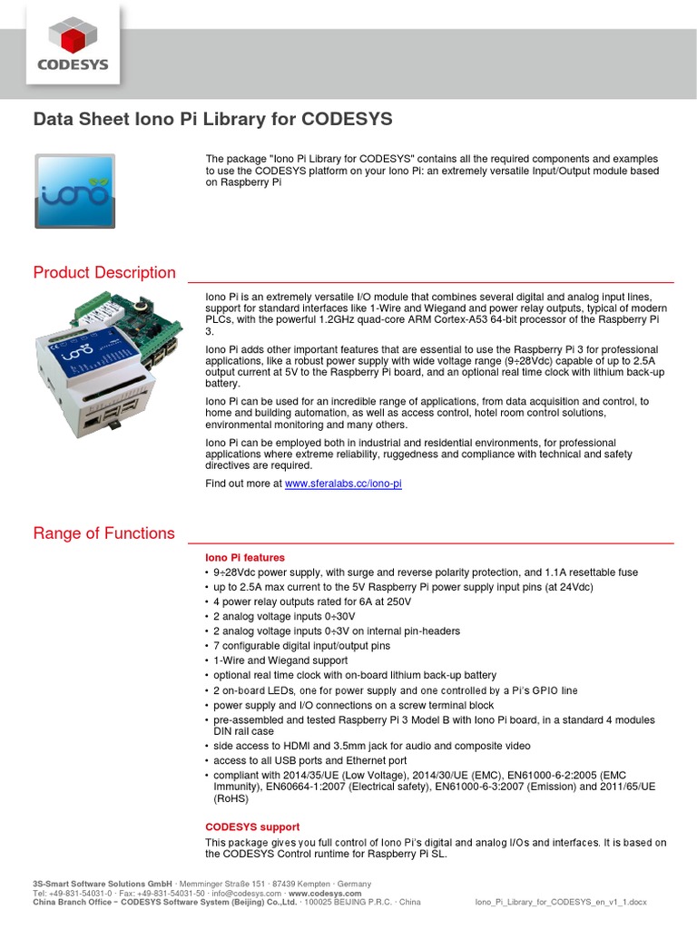 Data Sheet Iono Pi Library For CODESYS: Product Description | PDF | Raspberry Pi | Programmable ...