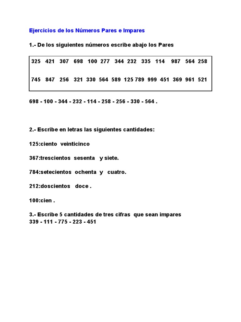 Ejercicios de Los Números Pares e Impares | PDF