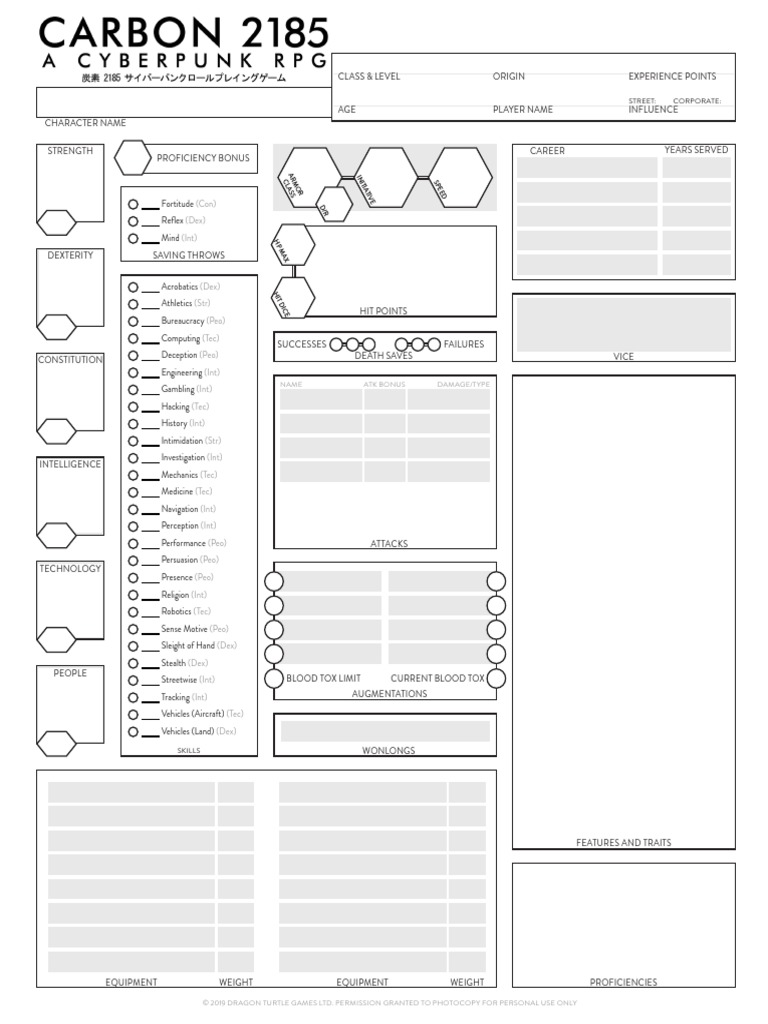 Carbon 2185 Character Sheet Fillable | PDF | Role Playing Games | Leisure