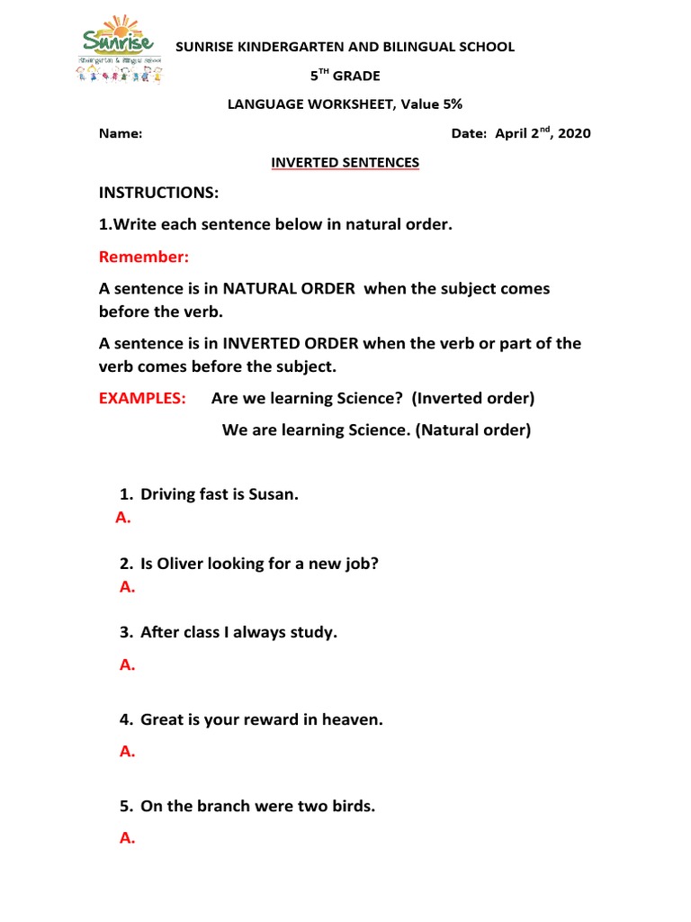 Inverted Order Sentences Worksheet | PDF