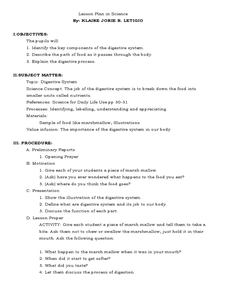 Grade 3 Digestive System Lesson Plan | PDF | Human Digestive System ...