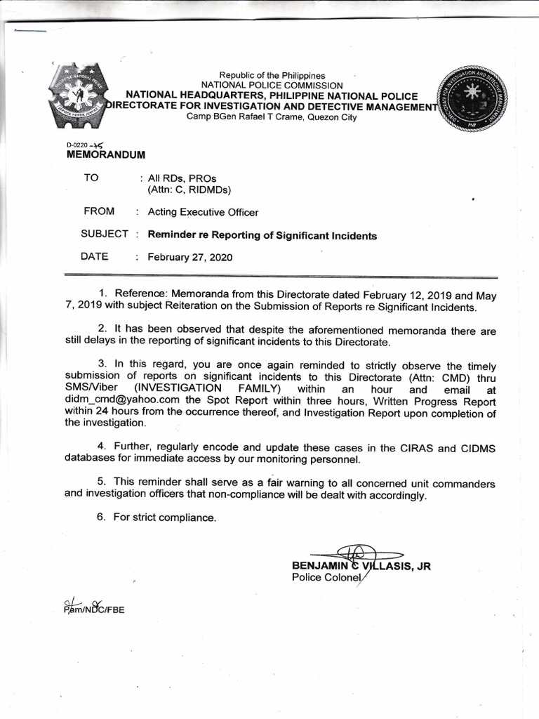 Reminder Re Reporting of Significant Incidents - Feb 27, 2020 | PDF ...