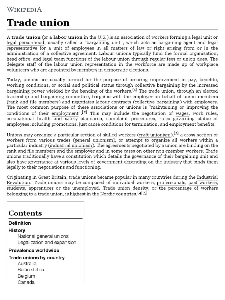 Trade Union - Wikipedia PDF | PDF | Occupational Organizations | Labor ...
