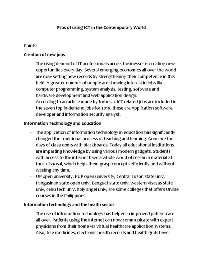 Pros of Using ICT in The Contemporary World | PDF | Mass Media | Social ...