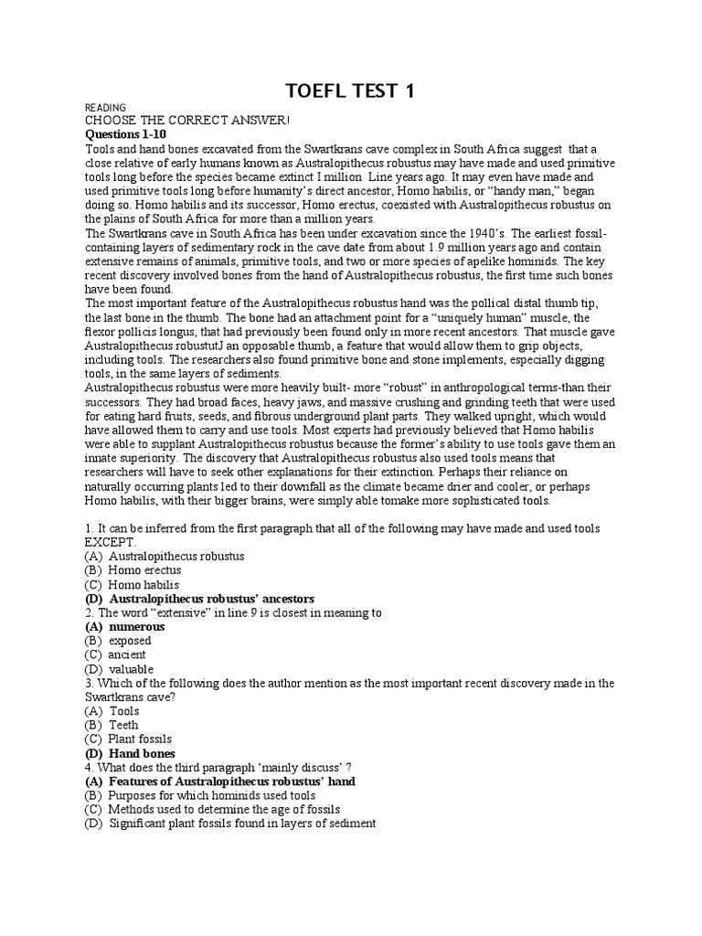 Toefl Test 1: Questions 1-10 | PDF | Homo | Vitamin