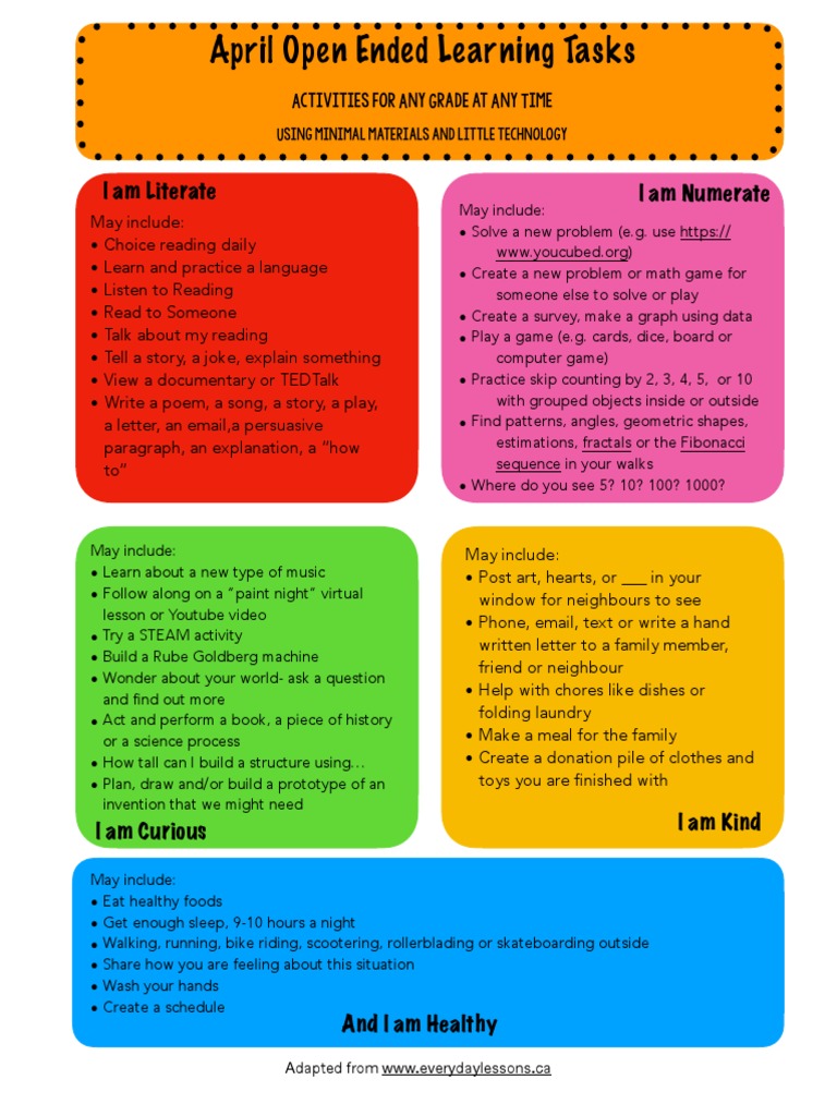 April Open Ended Learning Tasks | PDF