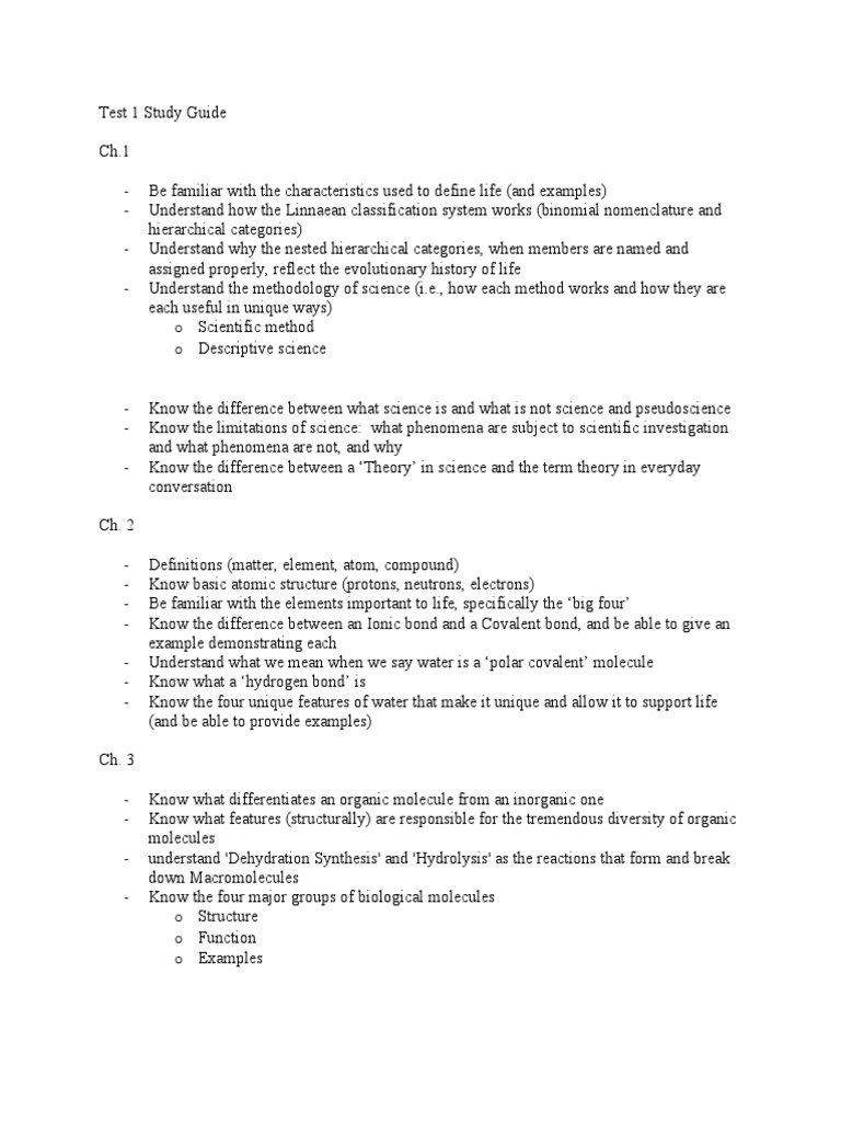 Biology 1010 Test 1 Study Guide (Ch. 1-3) - 1 | PDF