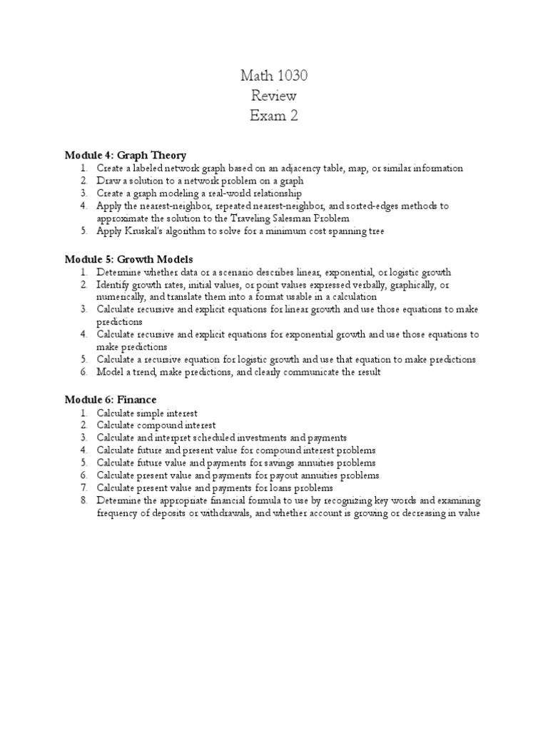 Math 1030 Exam 2 Review Guide | PDF