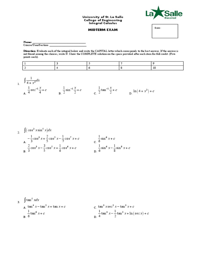 Integral Calculus Midterm Exam | PDF | Physical Quantities | Mathematical Analysis
