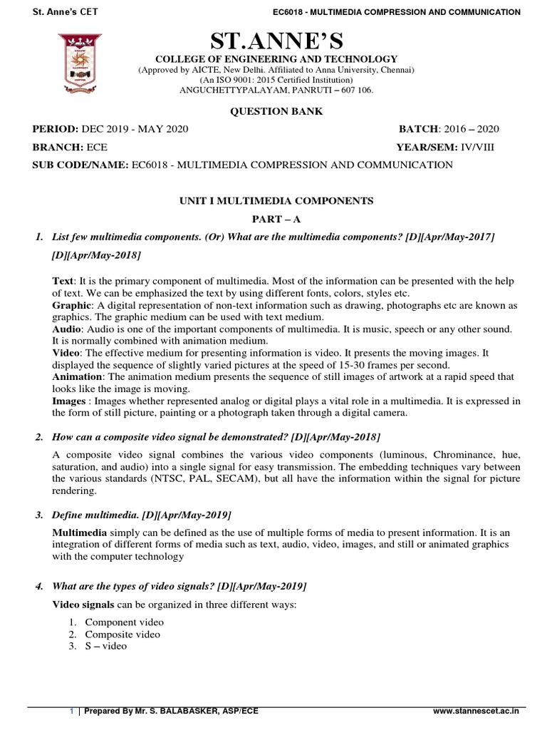 EC6018 MULTIMEDIA COMPRESSION AND COMMUNICATION Question Bank | PDF