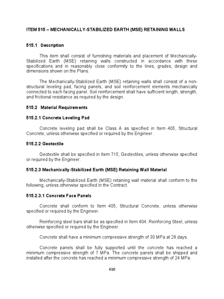 MSE Retaining Walls Specifications | PDF | Concrete | Pipe (Fluid ...