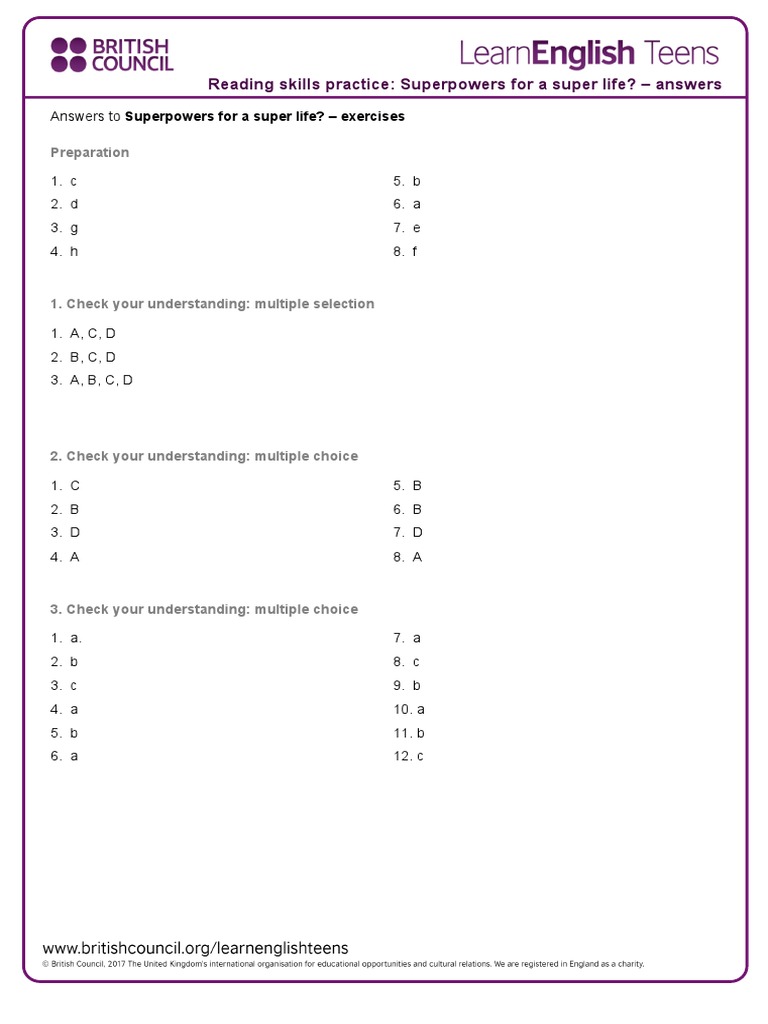 Reading Skills Practice: Superpowers For A Super Life? - Answers | PDF