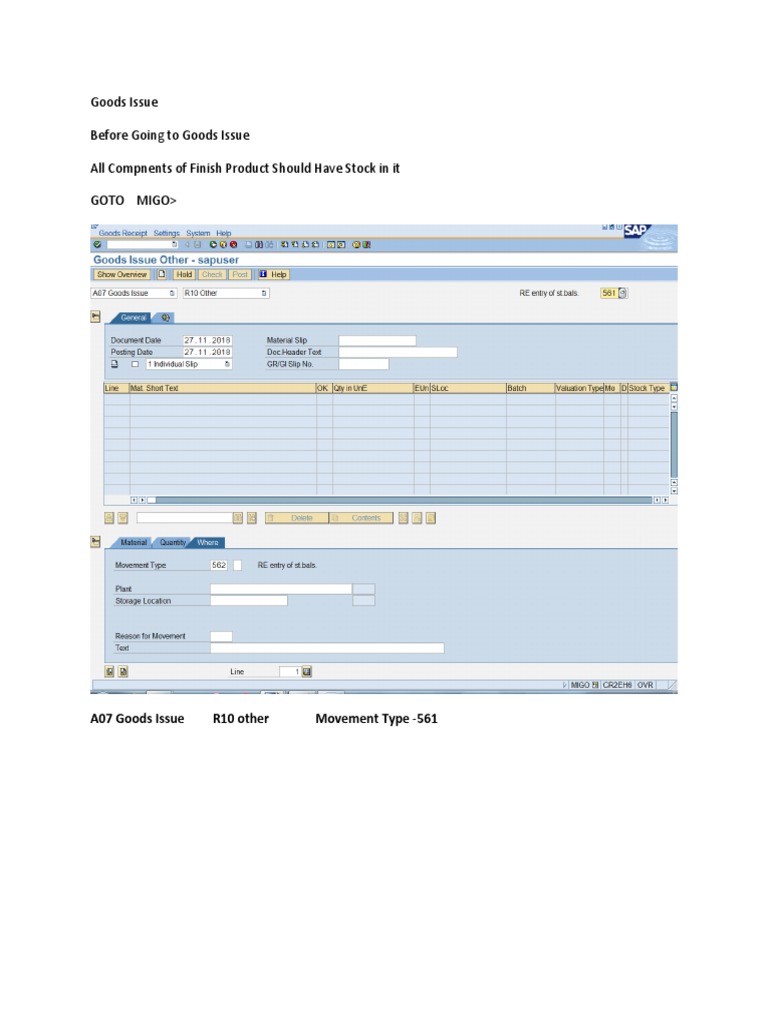 Goods Issue Before Going To Goods Issue All Compnents of Finish Product ...