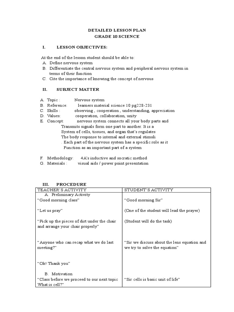 Detailed Lesson Plan Grade 10 Science I. Lesson Objectives | Download ...