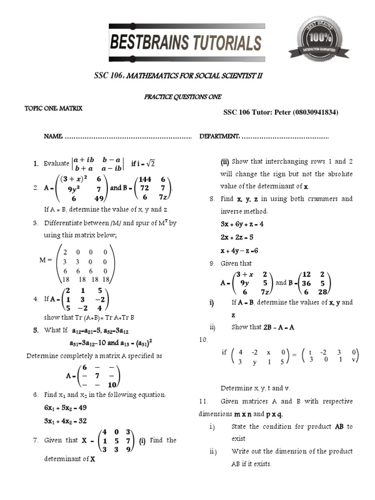 Practice Question Matrix One PDF | PDF | Matrix (Mathematics) | Determinant Practice Question Matrix One PDF | PDF | Matrix (Mathematics) | Determinant