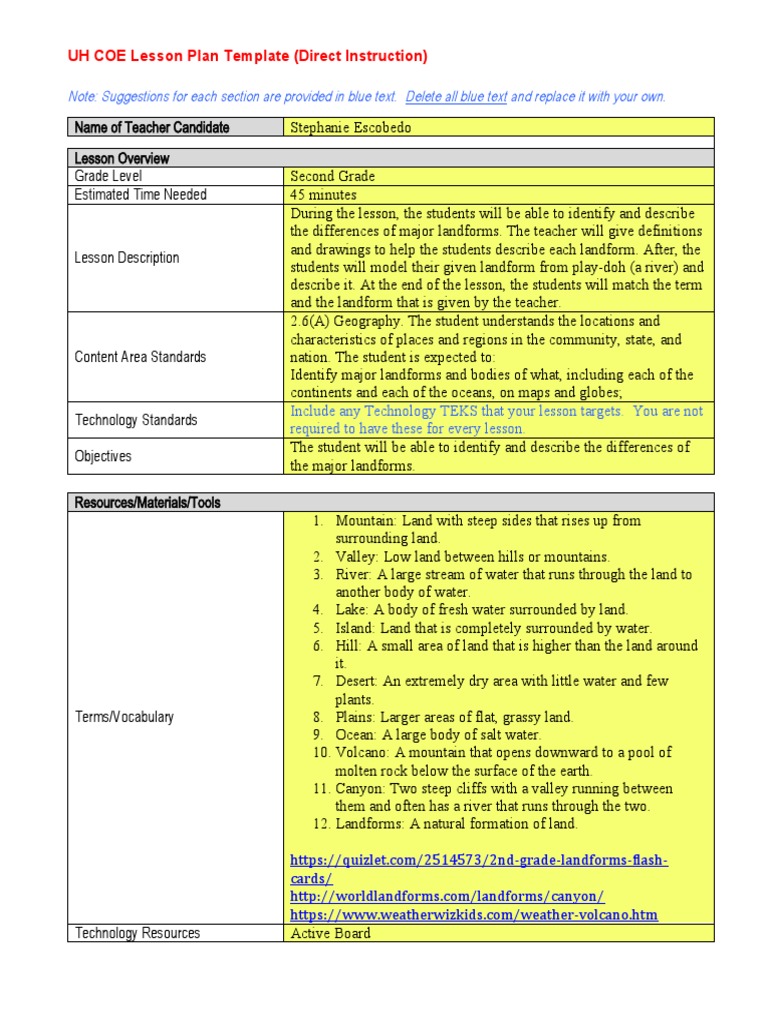 UH COE Lesson Plan Template (Direct Instruction) : Cards | PDF | Lesson ...