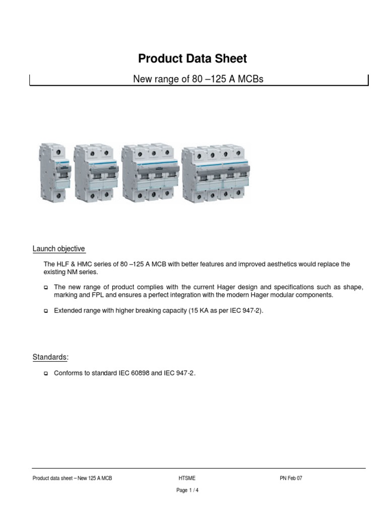 Product Data Sheet: New Range of 80 - 125 A Mcbs | PDF | Physical ...
