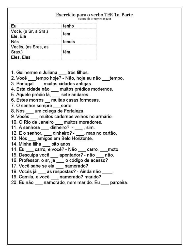 Exercício sobre o uso do verbo "ter | PDF