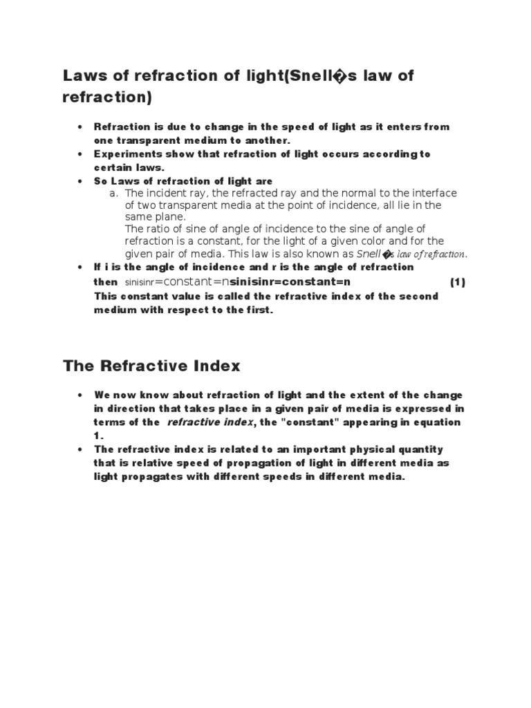 Laws of Refraction of Light | Download Free PDF | Refraction | Reflection (Physics)