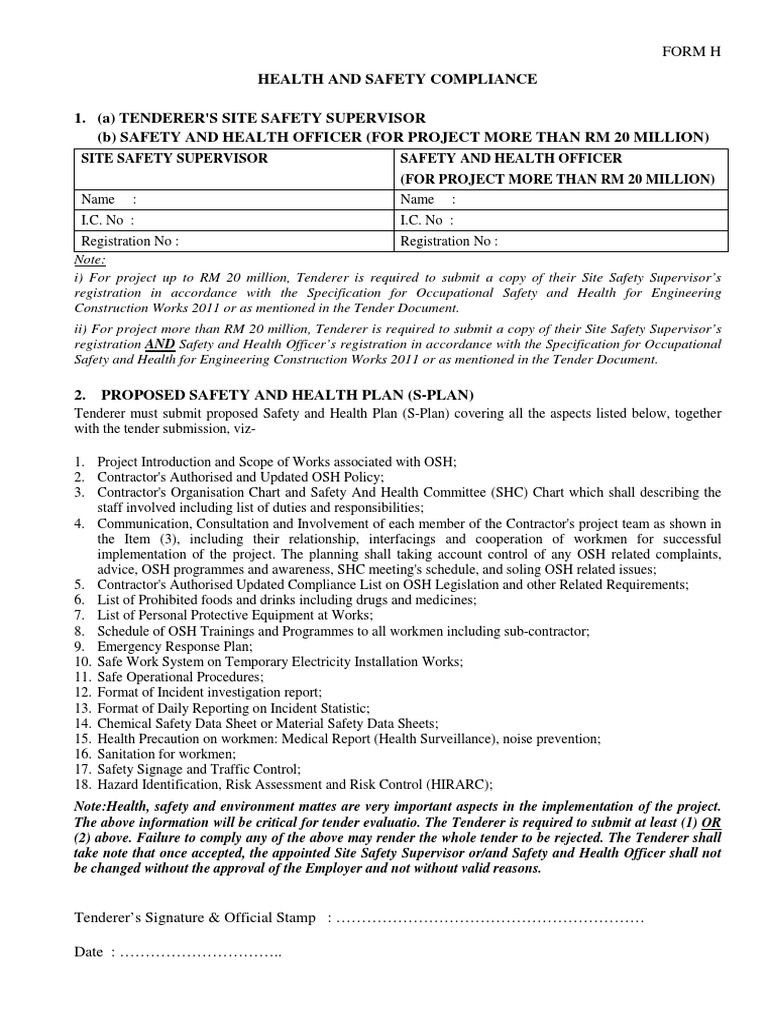Health and Safety Compliance: Form H | PDF | Occupational Safety And ...