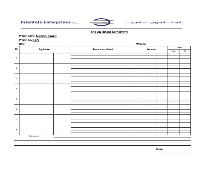Daily Site Equipment Log for MOZOON Towers | PDF