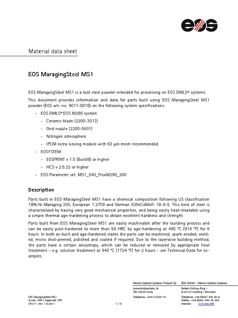 EOS MaragingSteel MS1 Data Sheet | PDF | Surface Roughness | Heat Treating