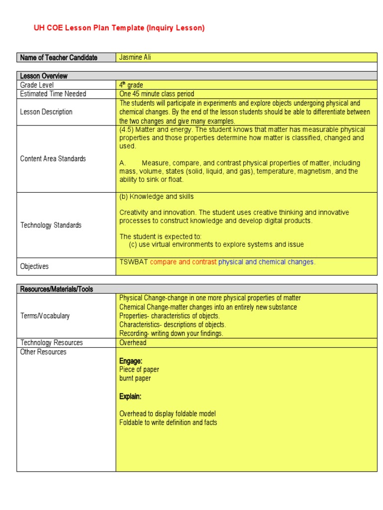 UH COE Lesson Plan Template (Inquiry Lesson) : Compare and Contrast ...