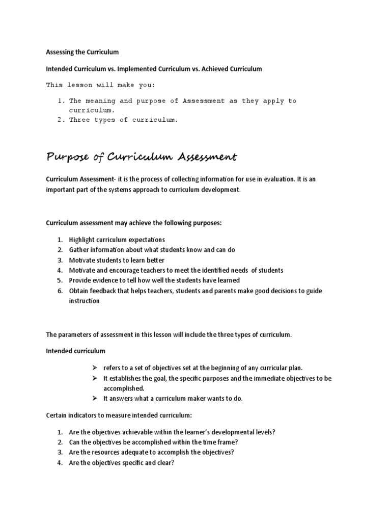 Assessing The Curriculum | PDF | Curriculum | Educational Assessment