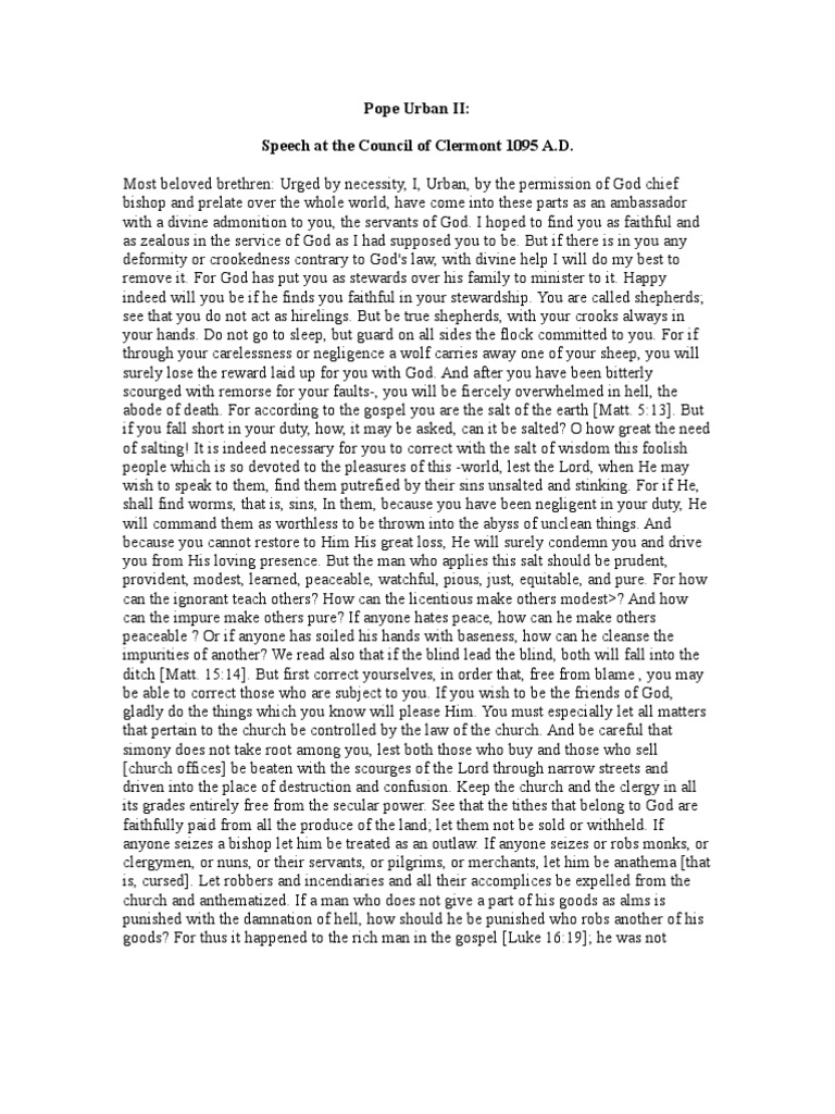 Pope Urban II: Speech at The Council of Clermont 1095 A.D | Download ...