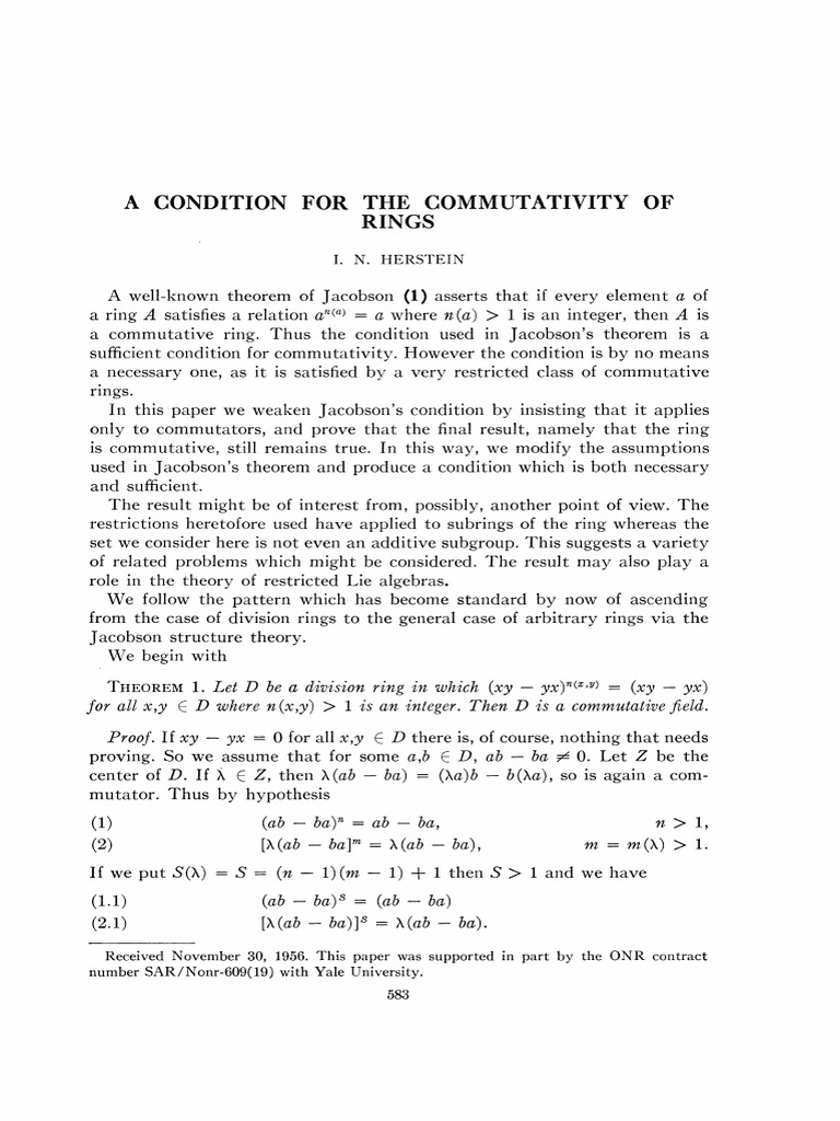 A Condition For The Commutativity of Rings, Inh | PDF | Ring ...