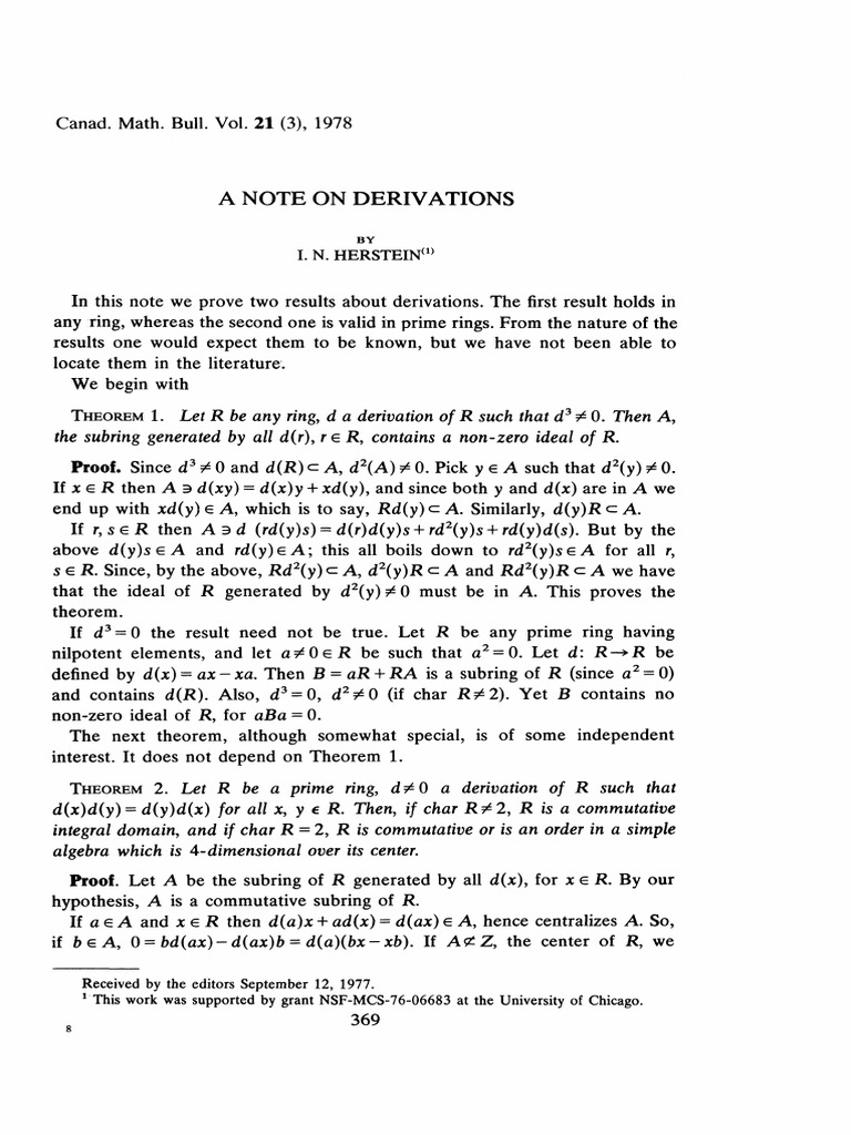 A NOTE ON DERIVATIONS, IN Herstein | PDF | Ring (Mathematics ...