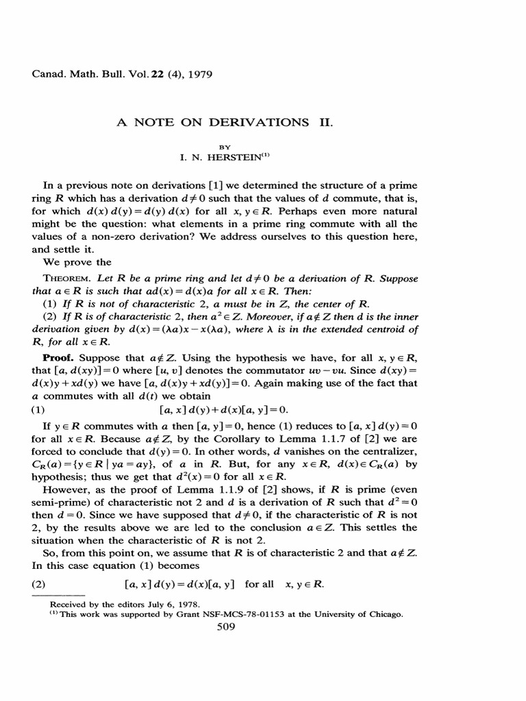 A NOTE ON DERIVATIONS II, IN Herstein | PDF | Ring (Mathematics ...