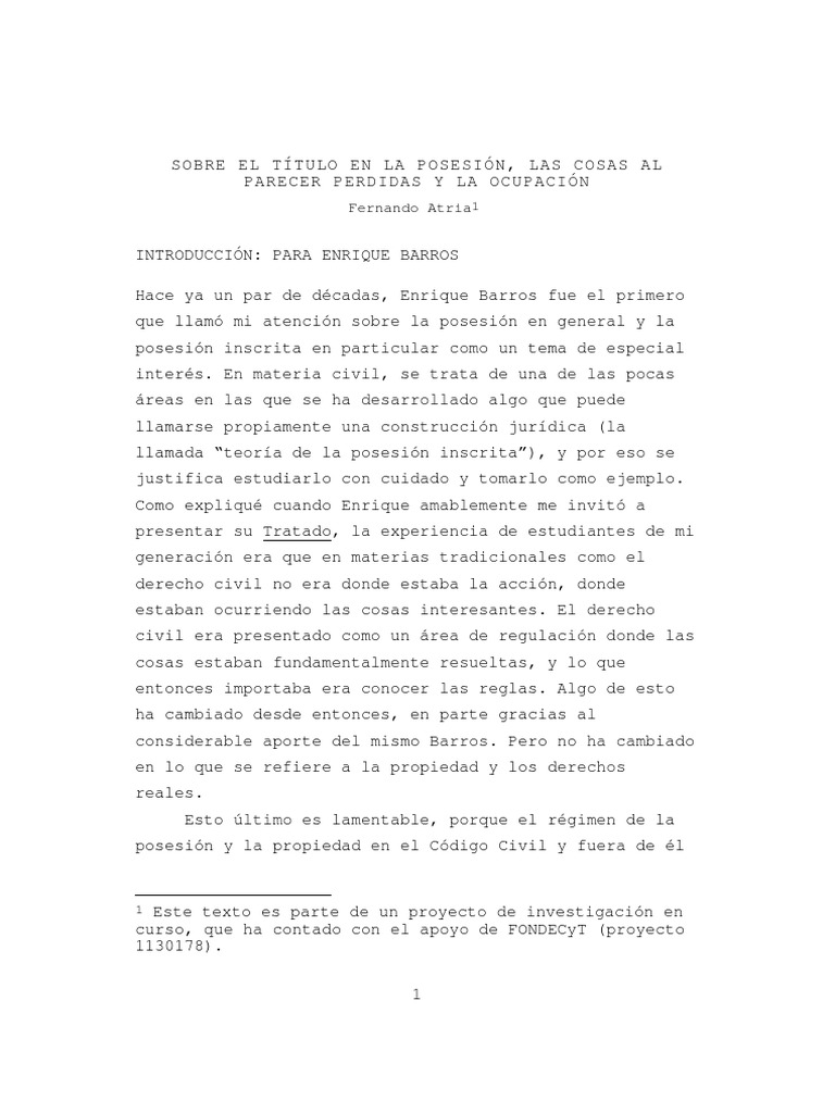 Atria Sobre Las Cosas Al Parecer Perdidas y La Ocupaci N Como Titulo Posesorio Final | PDF ...