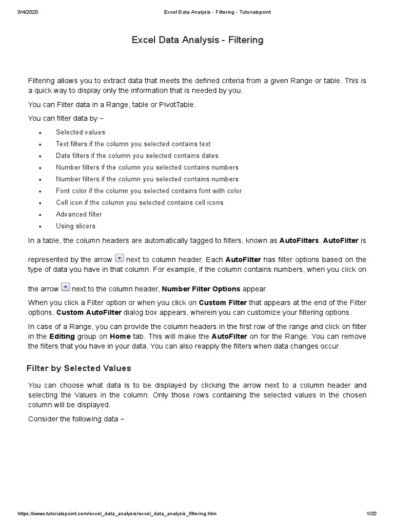 Excel Data Analysis Filtering Tutorialspoint Pdf Pdf Microsoft Excel Computer Data