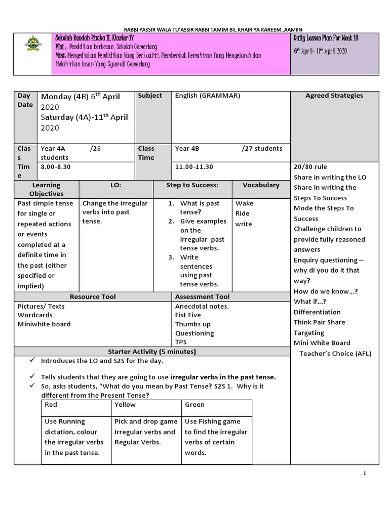Past Tense Irregular Verbs: A Lesson Plan for Teaching Grammar Through ...