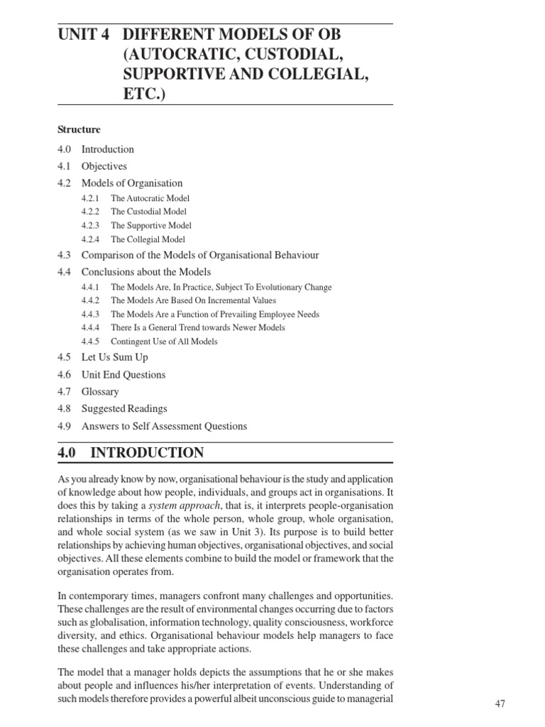 Unit 4 Different Models of Ob (Autocratic, Custodial, Supportive and ...