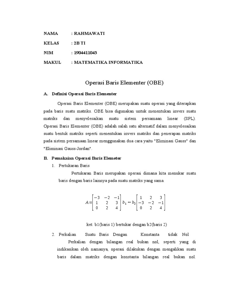 Rangkuman Operasi Baris Elementer (OBE) | PDF