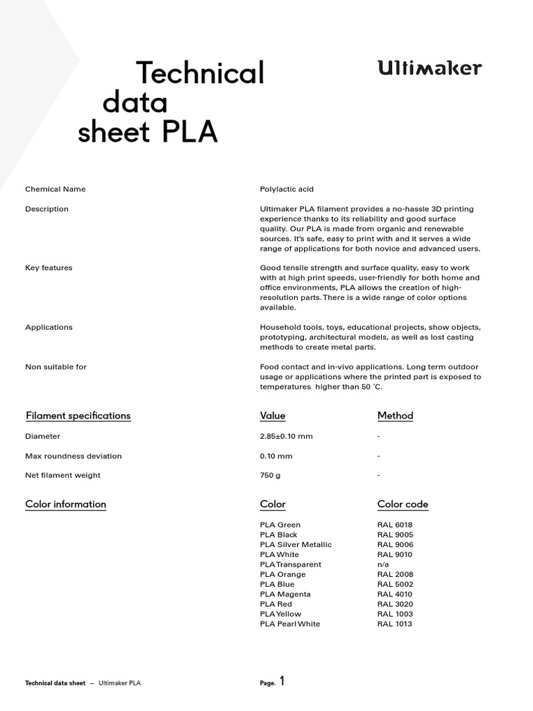 Technical Data Sheet PLA: Filament Specifications Value Method | PDF ...