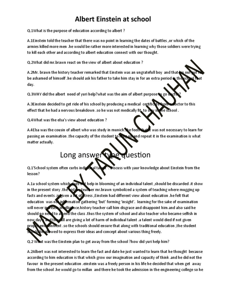 Albert Einstein at School: Long Answer Type Question | PDF | Albert ...