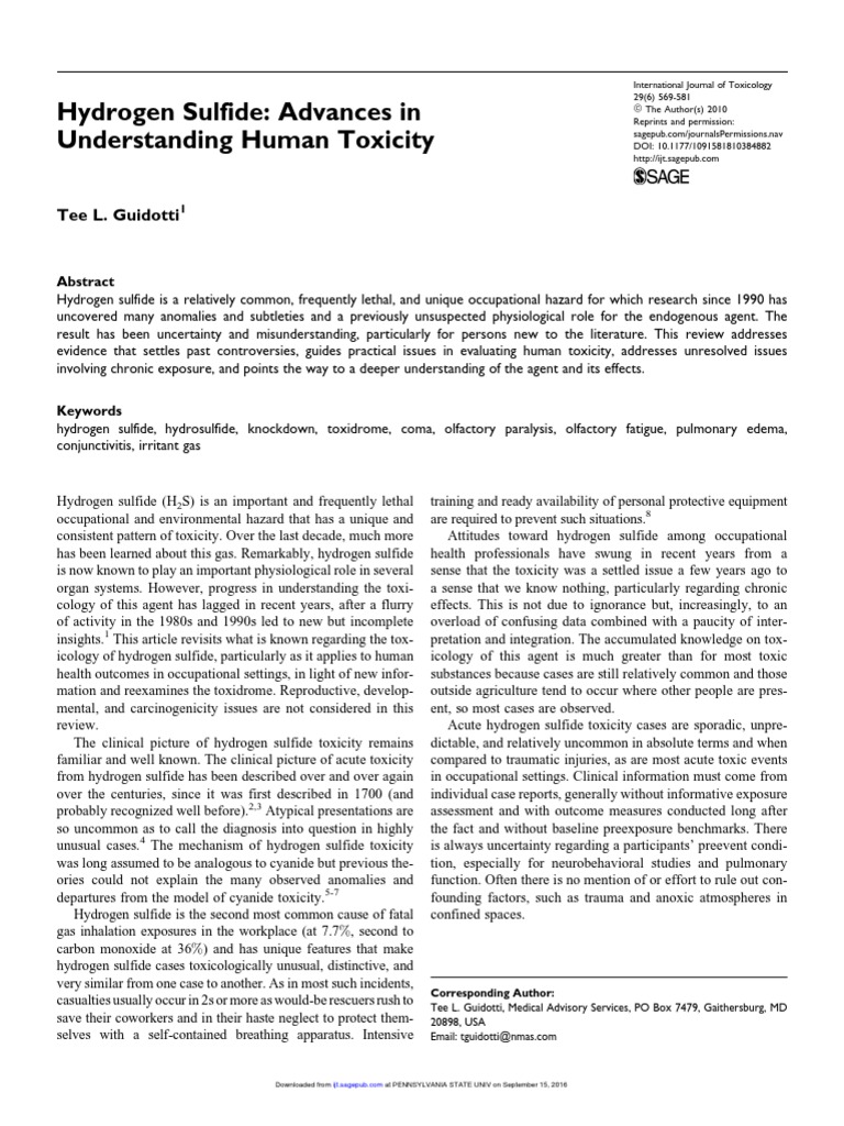 Hydrogen Sulfide Toxicity Insights | PDF | Olfaction | Hypoxia (Medical)