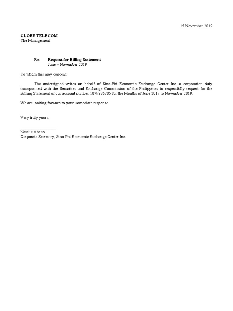 Request for Billing Statements from June to November 2019 for Globe ...