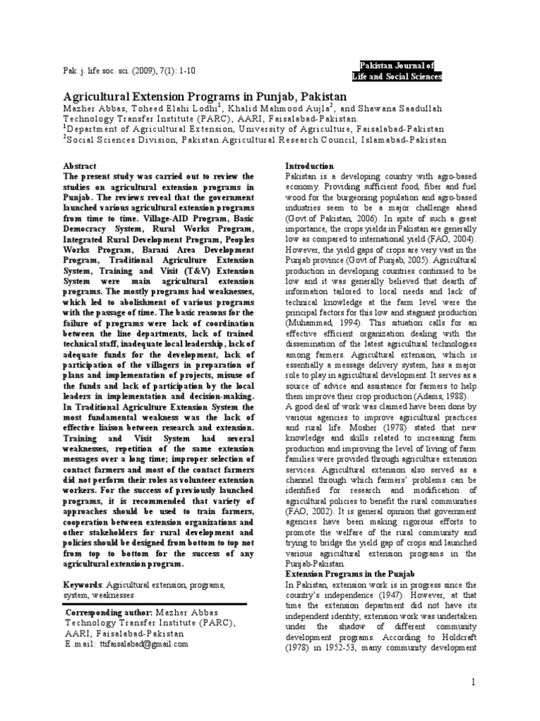 Agricultural Extension Programs in Punjab, Pakistan: Pakistan Journal ...