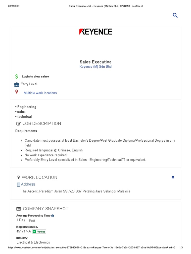 Sales Executive Role at Keyence Malaysia | PDF | Automation | Sales
