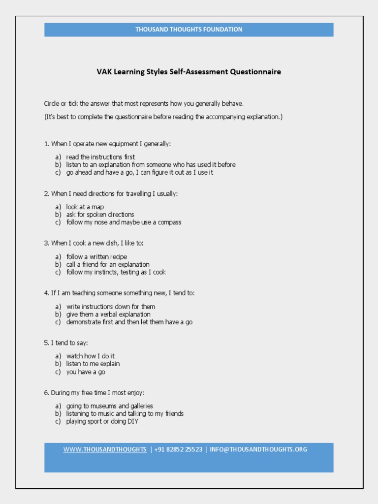 VAK Learning Styles Questionnaire | PDF