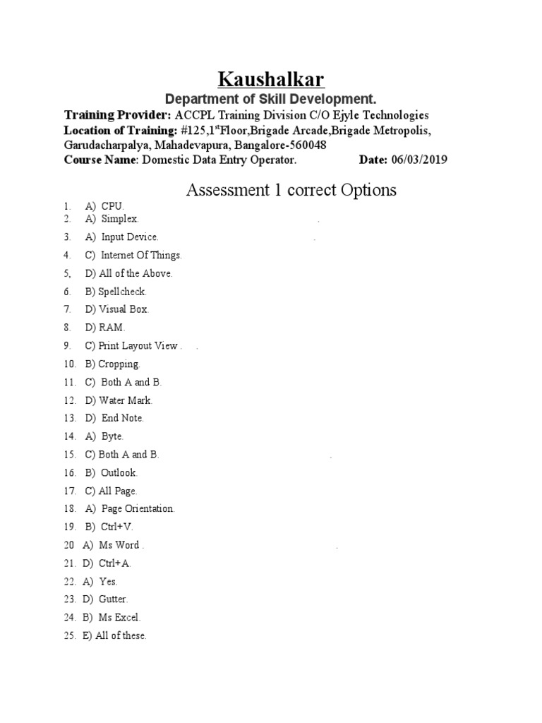 Data Entry Assessment 1 Correct Answer | PDF