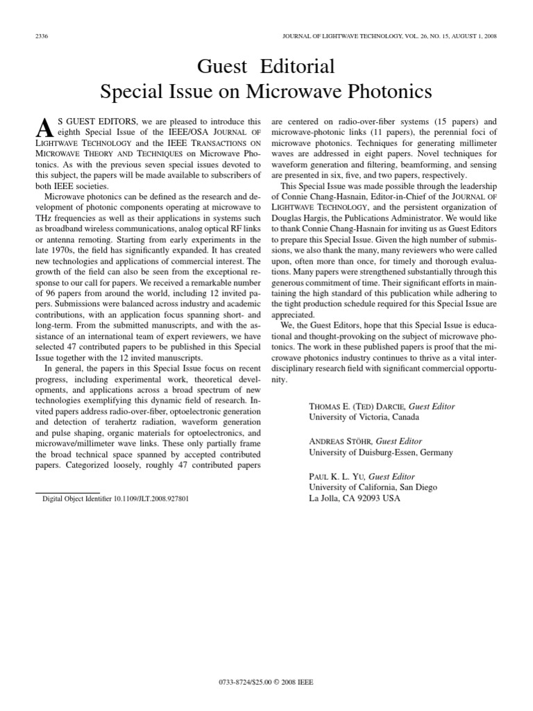 Guest Editorial Special Issue On Microwave Photonics | PDF | Photonics ... Guest Editorial Special Issue On Microwave Photonics | PDF | Photonics ...